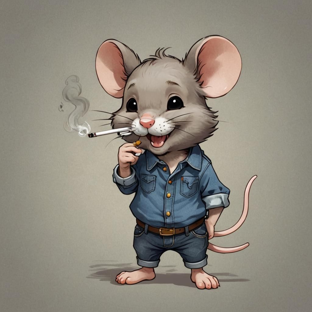 Smoking chibi mouse wearing shirt and jeans, holding his cigarette ...