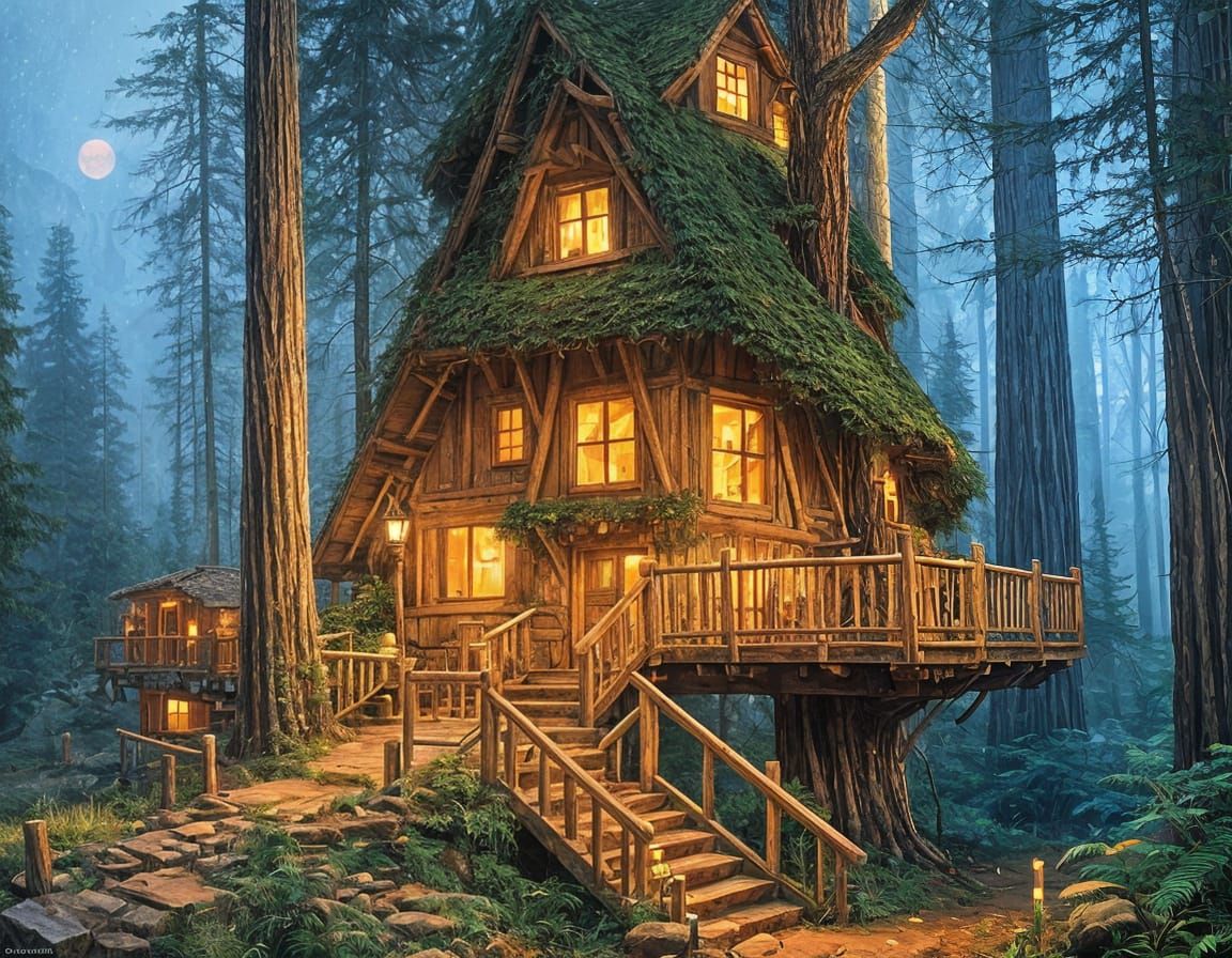 Ewok Village in Redwood Splendor, Warmly Lit by Ni... - AI Art