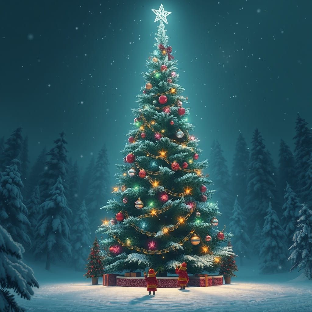 Enchanted Christmas Tree Amidst Snowy Forest in De... - AI Art