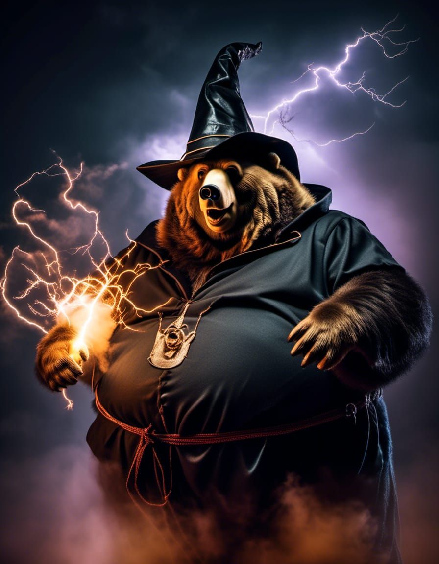 Photograph Portrait of happy obese Bear Wizard with Witch-hat ...