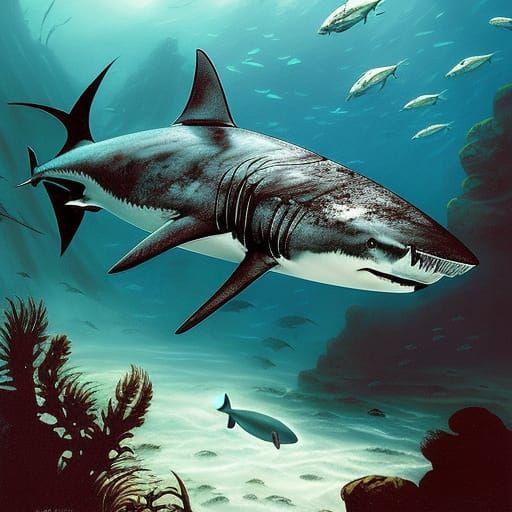 Deadly sharks circling a sunken pirate ship; blood scent trail ...