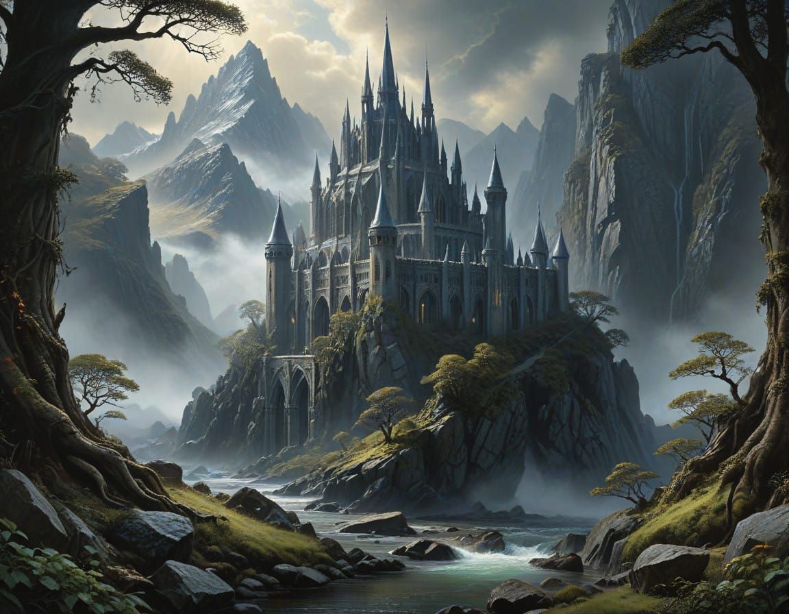 Towering Elven Castles in Misty Mountainscape - AI Art