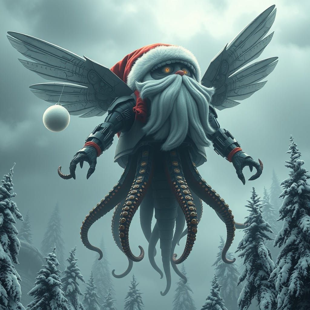 Cyberpunk Mecha Santa Claus in Flight - AI Art