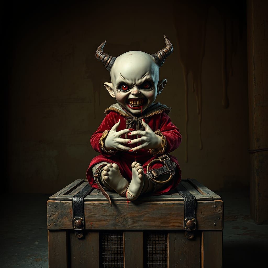 A photo of an evil, demonic haunted red doll with glowing red eyes and ...