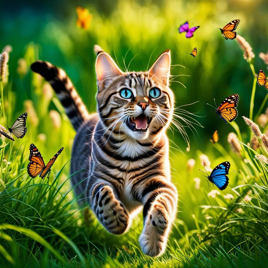 A beautiful tabby cat playfully runs as butterflies fly above . - AI ...