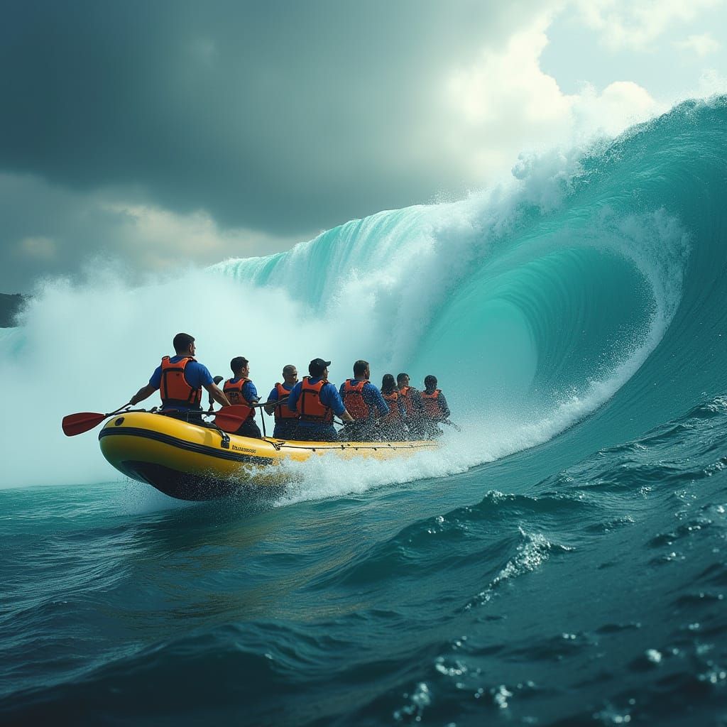 Hyper-Realistic Rafting Team on Stormy Seas - AI Art