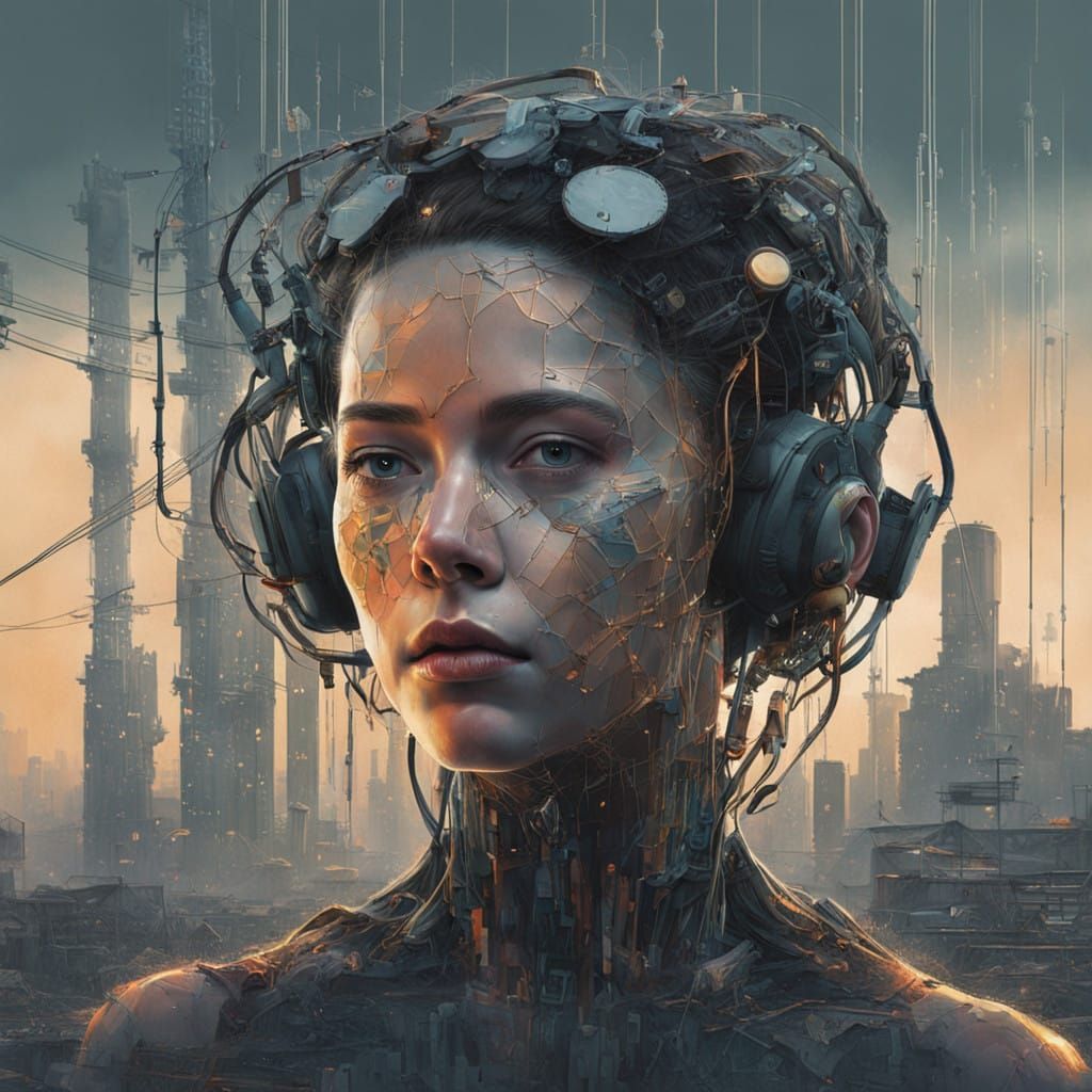 Cyborg Woman in Dystopian Digital Anomaly - AI Art