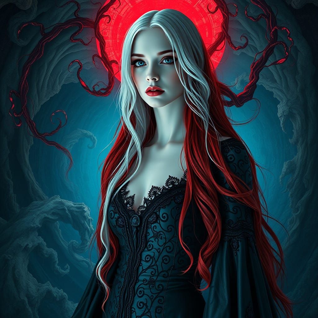 A statuesque, white-haired gothic woman, draped in a dark, lace-trimmed ...