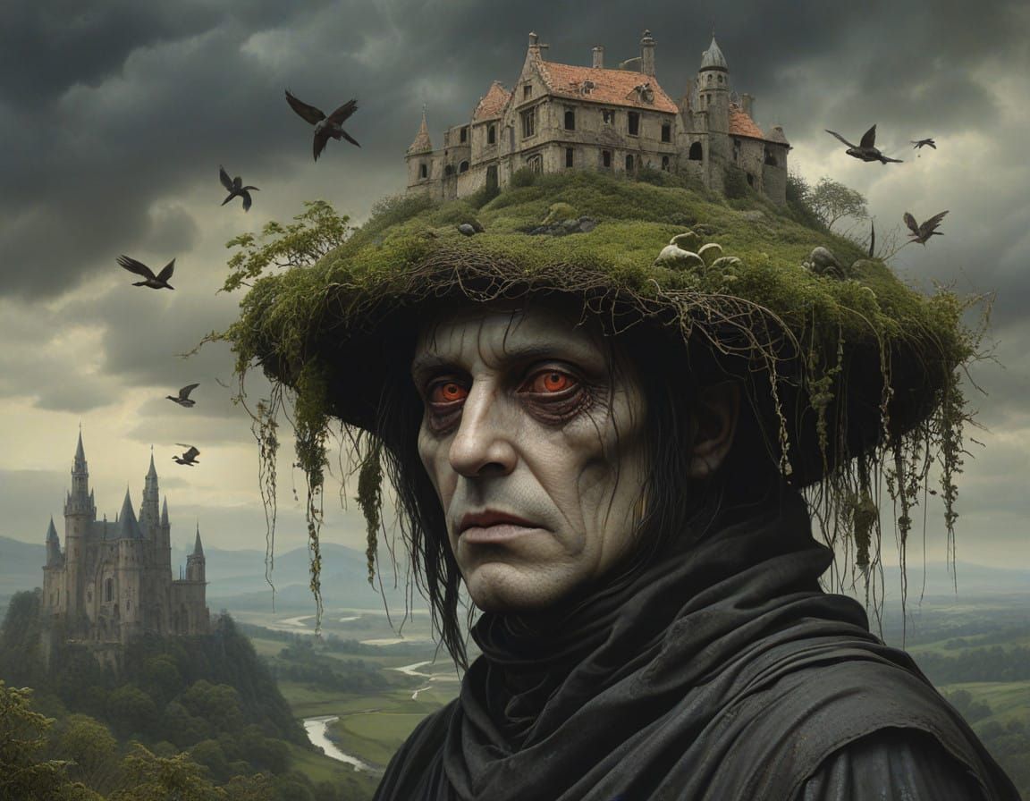 A shattered man, pale and ghostly, in a surreal landscape of ruined castles