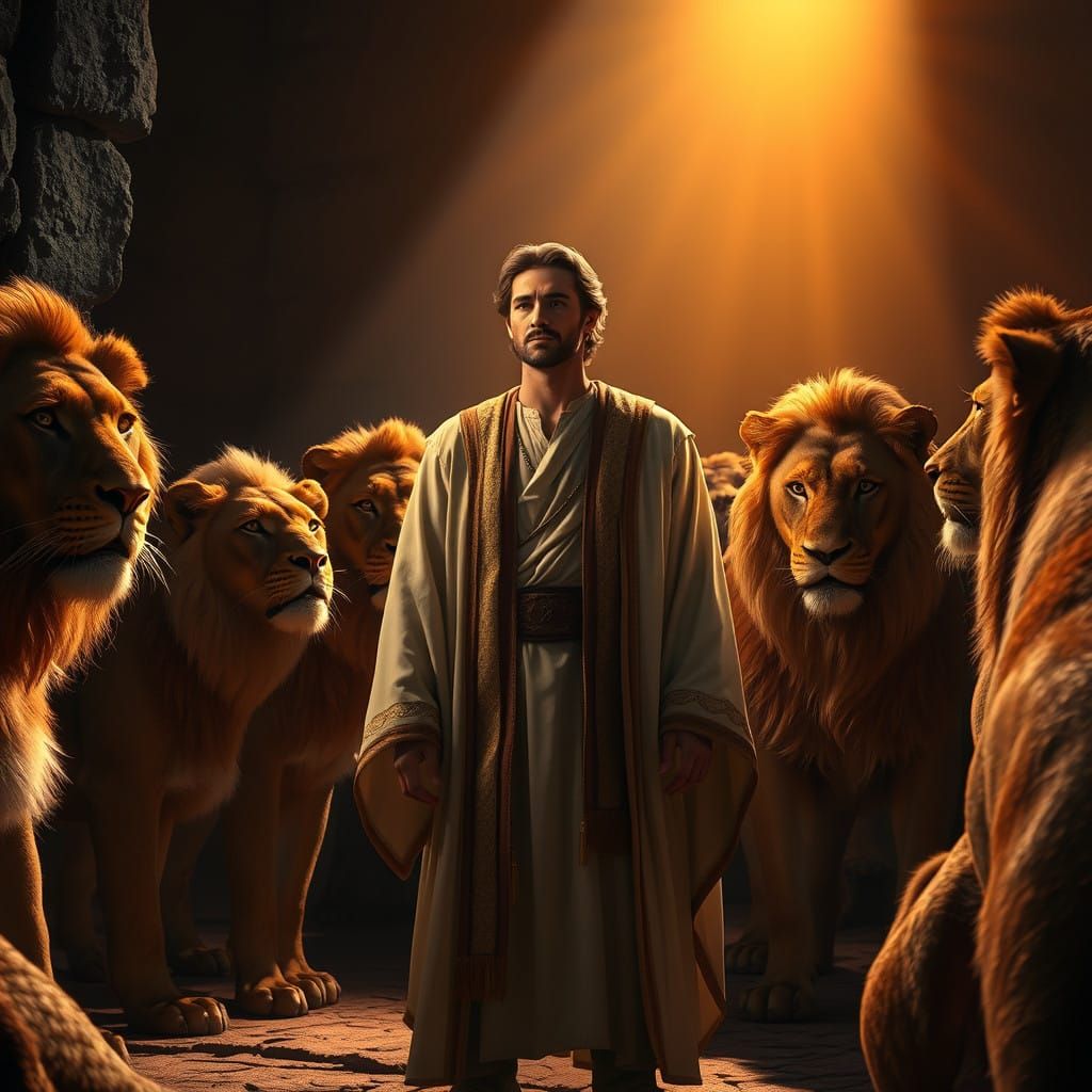 Daniel praying with the lions in the Lion's den in the bible ...