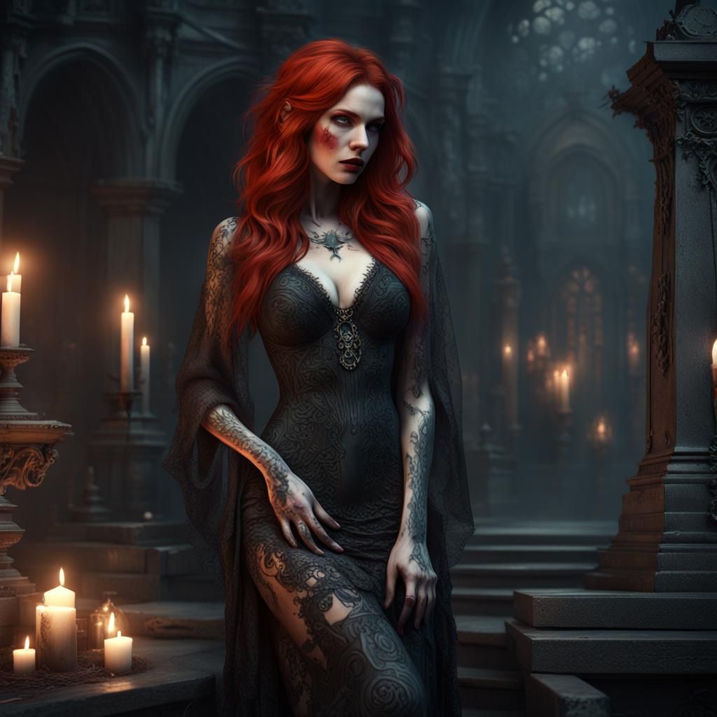 Glamourous redhead femalle necromancer whith stunning gothic tatoo, sheer dress, cemetary, dead ...