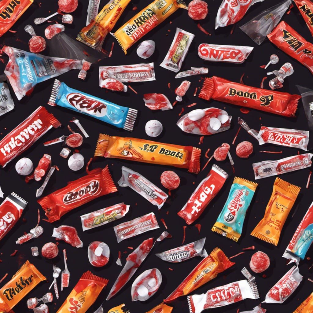 Halloween candy in a bag with razor blades pins knives bloody and gory ...