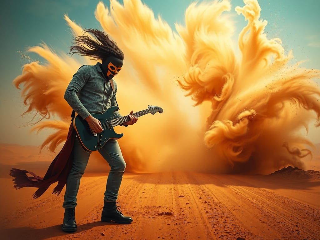 Heroic Guitarist in Desert Sandstorm, Hyper-Realis... - AI Art