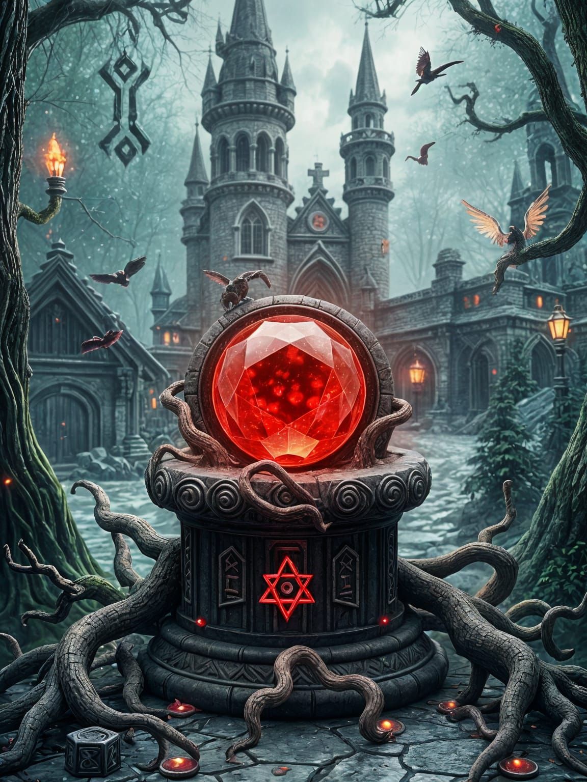 Magical red button - Mystical Ruby Button in Ancient Fantasy...