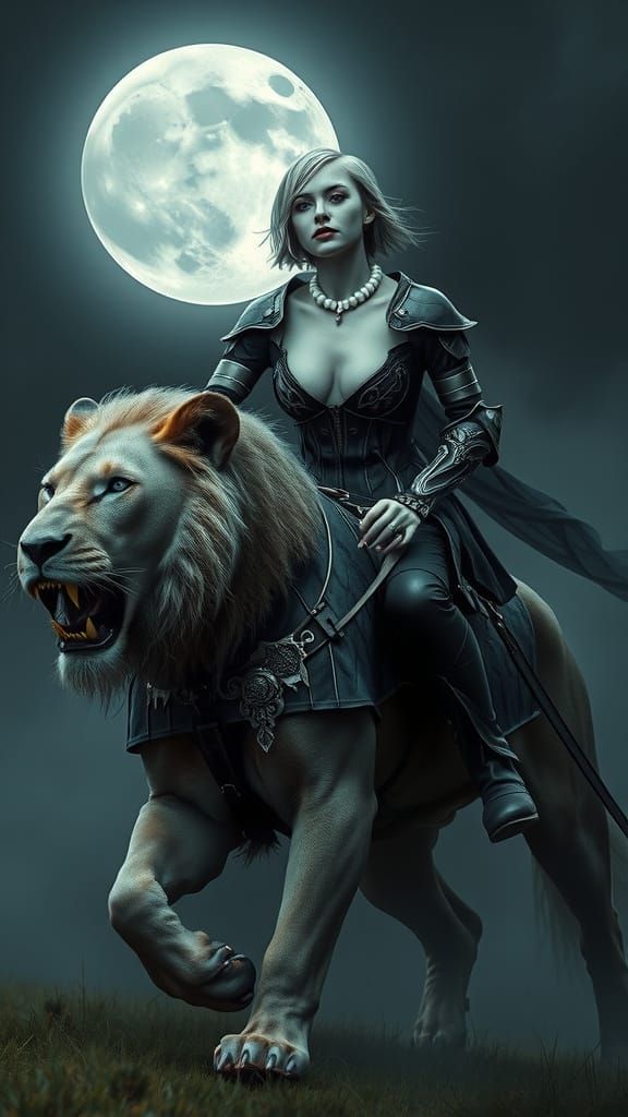 Gothic Vampire Goddess Rides Majestic Lion Under F... - AI Art