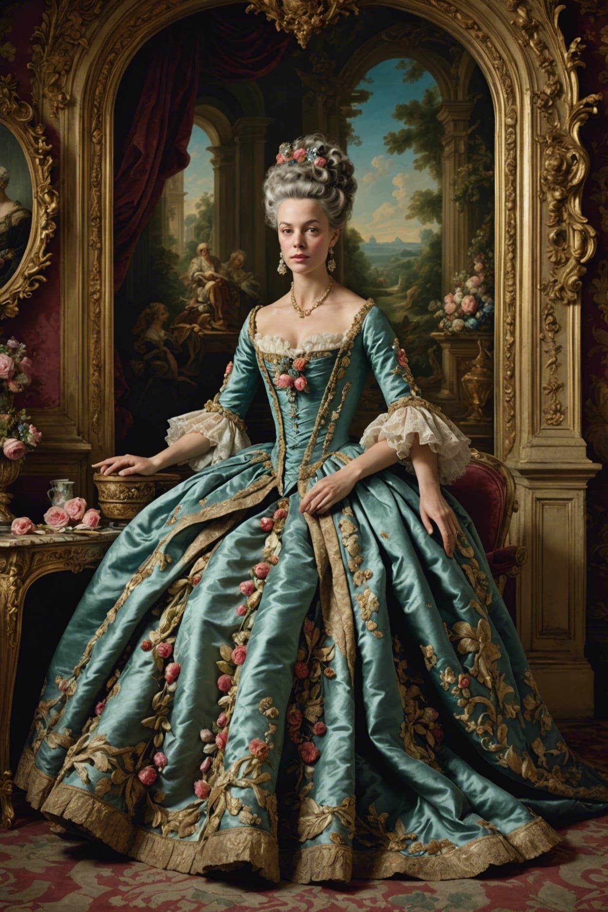 16k resolution, female figure in an opulent Rococo setting, inspired by ...