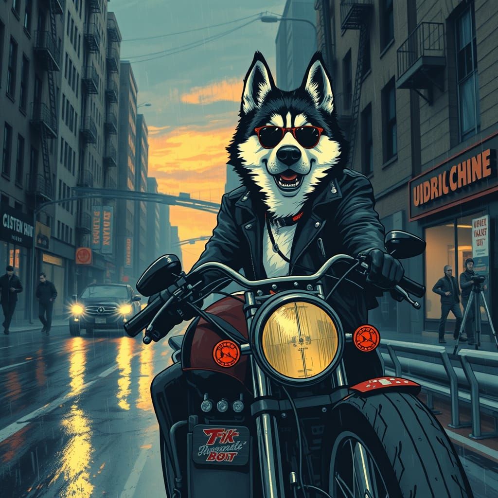 gangster husky on motorcycle - Cyberpunk Husky Rides Futuri...
