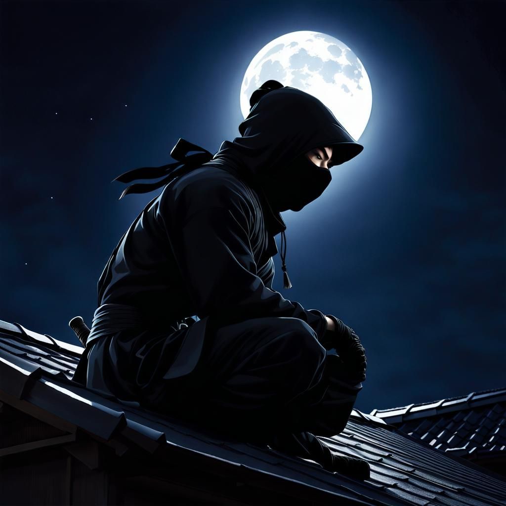 A ninja crouching on a rooftop at night - AI Generated Artwork ...