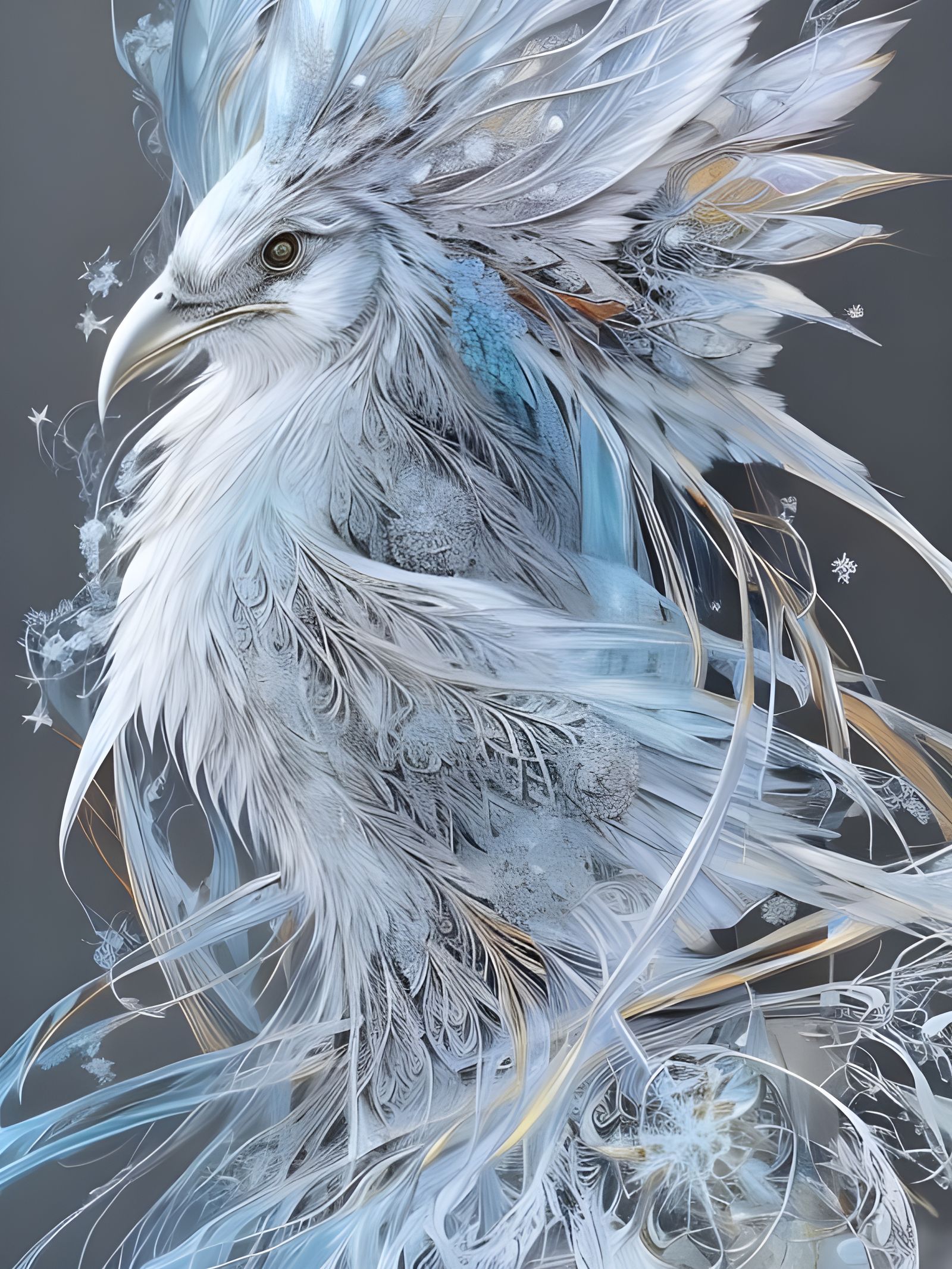 (white and silver) portrait of a magical frost bird, frost aura, frosty ...