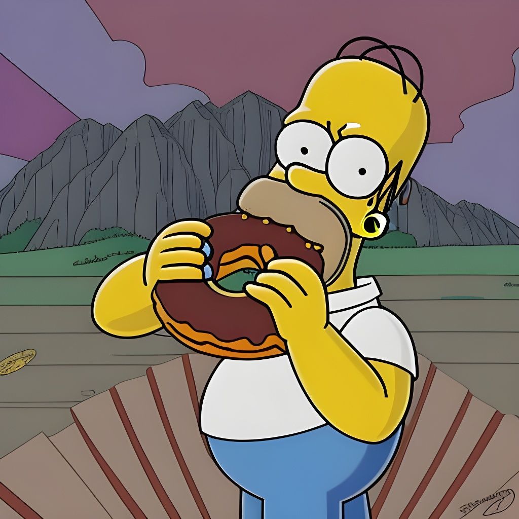 Homer Simpson eating a donut, intricately detailed, triadic colors ...