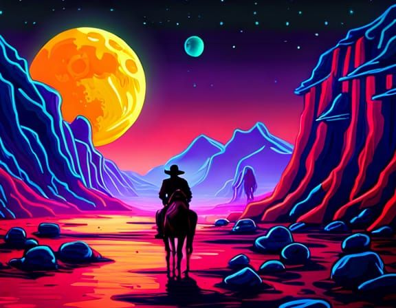 black light poster of neon cowboys riding through an alien landscape ...