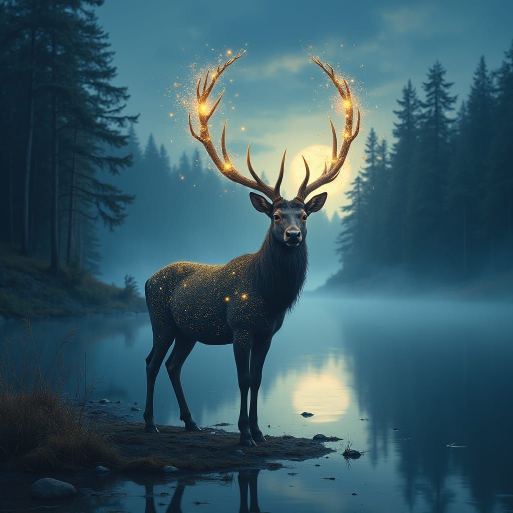 Stag with Starry Antlers in Moonlit Lake - AI Art
