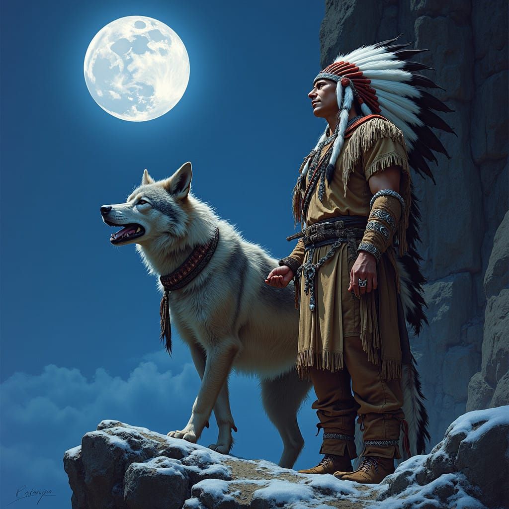 Werewolf and Native Leader Gaze at Moonlit Silver ... - AI Art