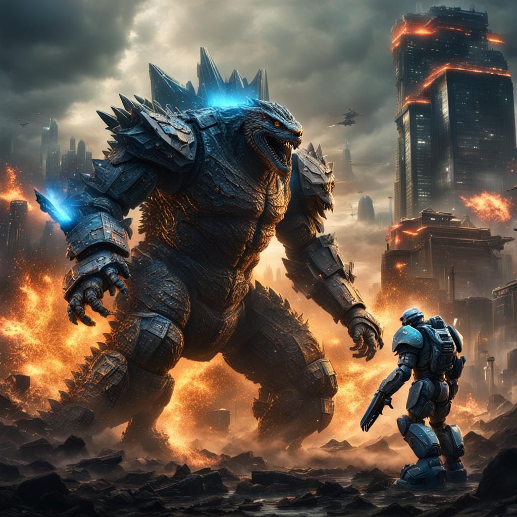 Godzilla fighting a giant Mecha robot - AI Generated Artwork ...