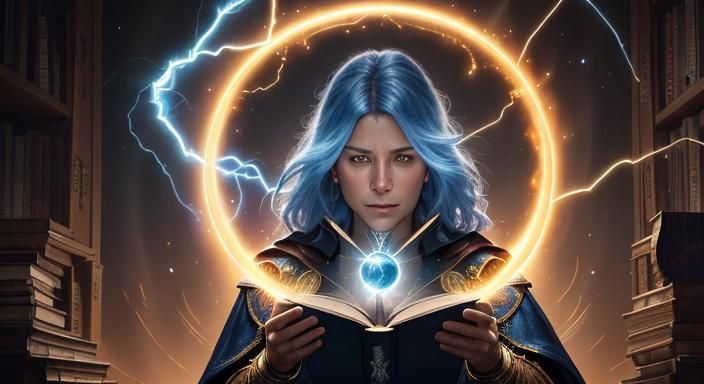 a wizard standing with legs wide a part, arms outstretched as magical ...