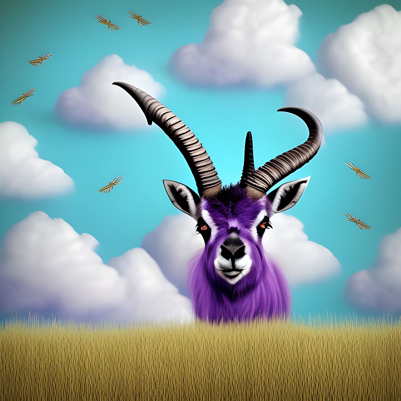 purple horned donkey ibex hybrid in a field of clouds, centered ...
