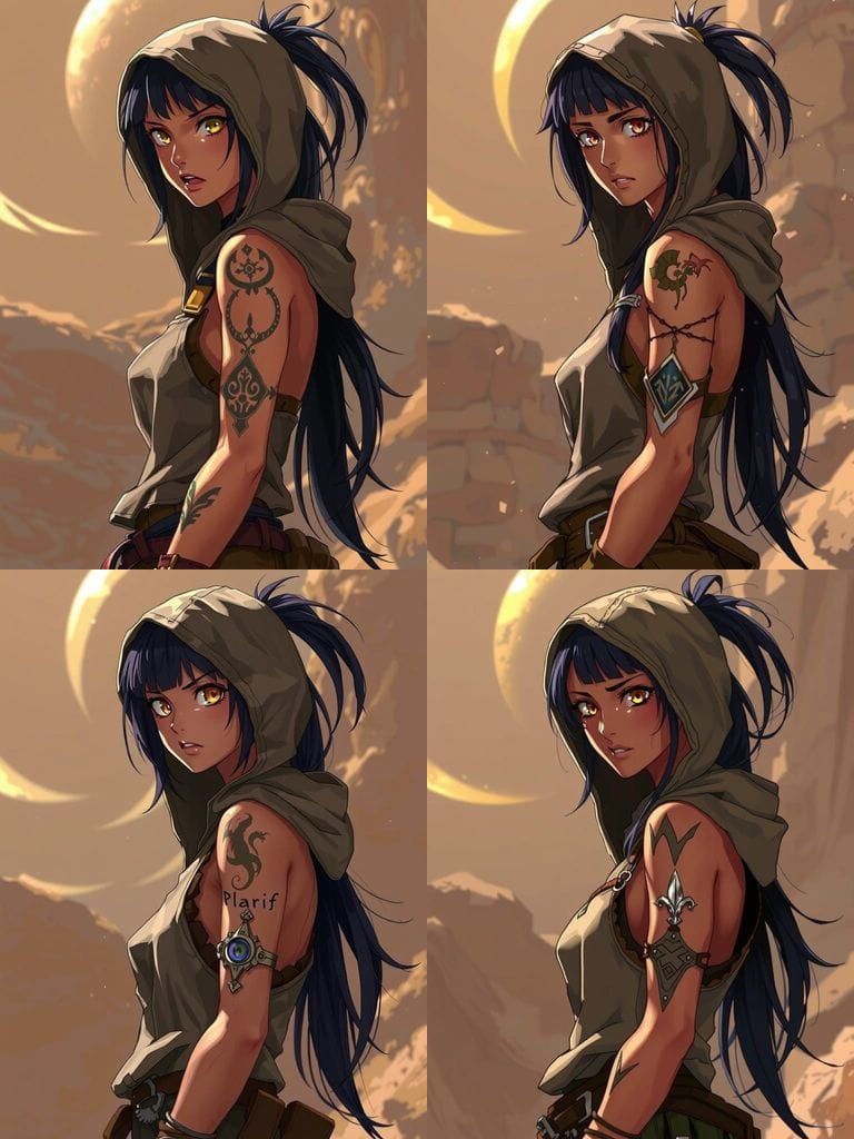 A lean, hooded RPG character girl with a toned physique, adorned in worn, earthy attire, stands ...