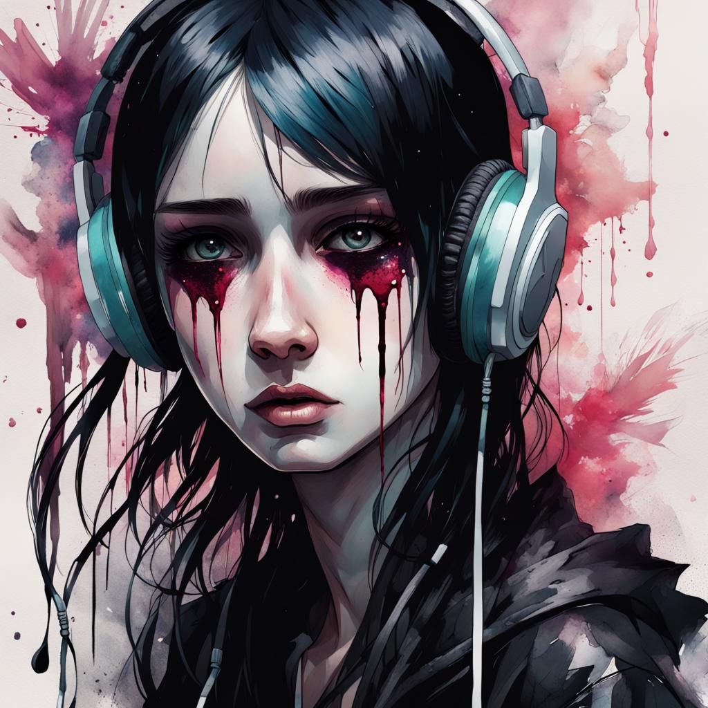 goth emo girl crying with headphones on mascara smeared face contorted ...