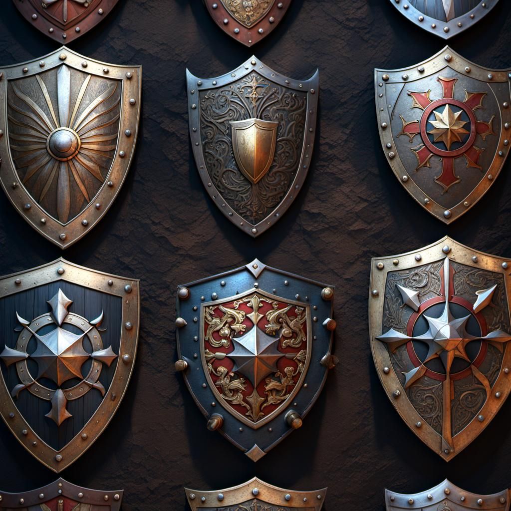 Most ancient war shields used by soldiers in wars during mediaeval times. detailed matte ...