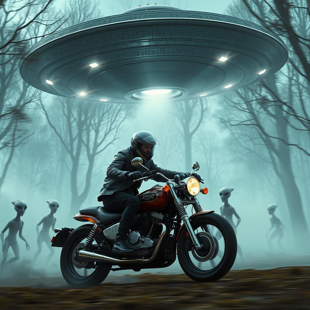 Mysterious Rider Flees Alien Uprising in Cyberpunk... - AI Art