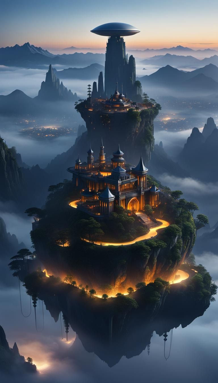 Floating island, island floats in the air, sky islands, tall futuristic ...