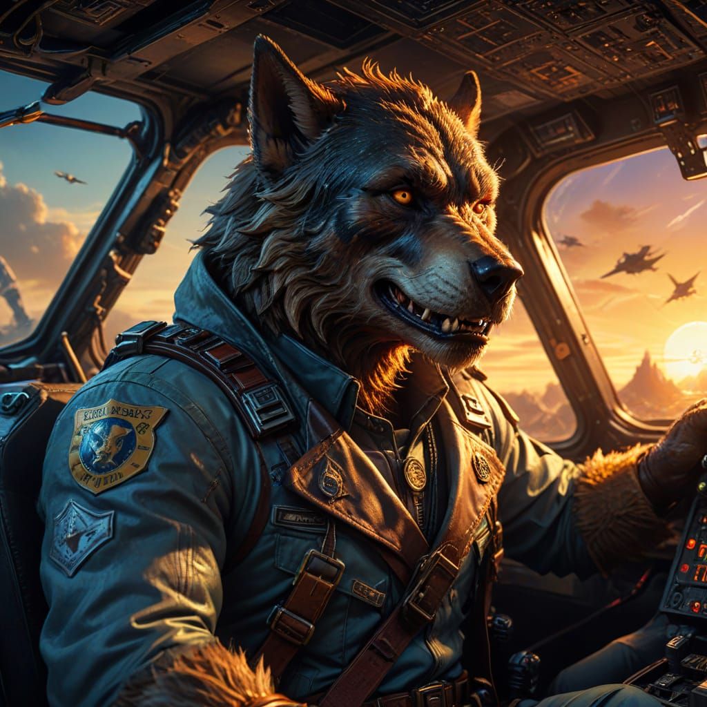 Werewolf Pilot in Cockpit: Vintage Comic Art - AI Art