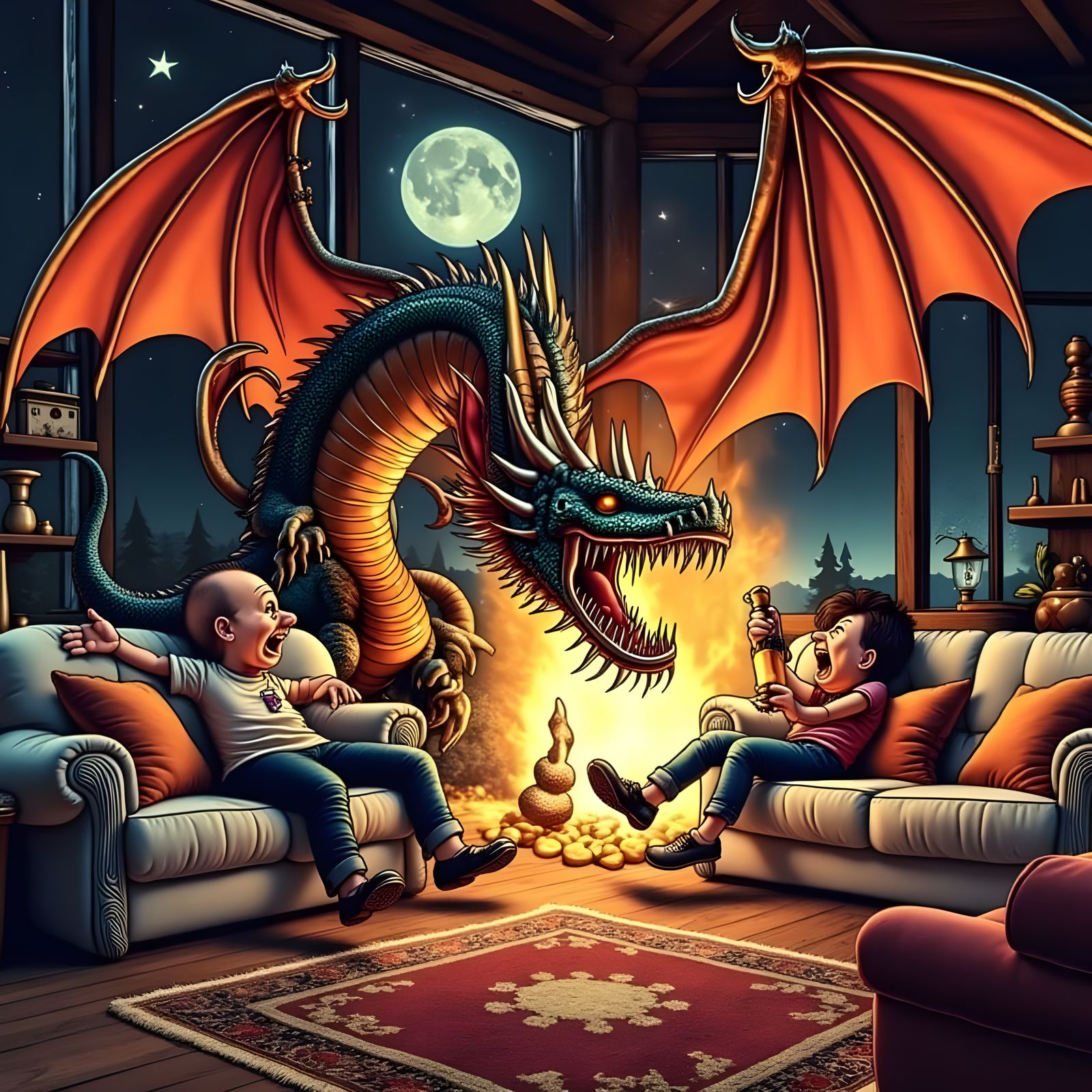 "Dragon Visit" A Laotion dragon emerges from fireplace scaring the man and wife relaxing on the ...
