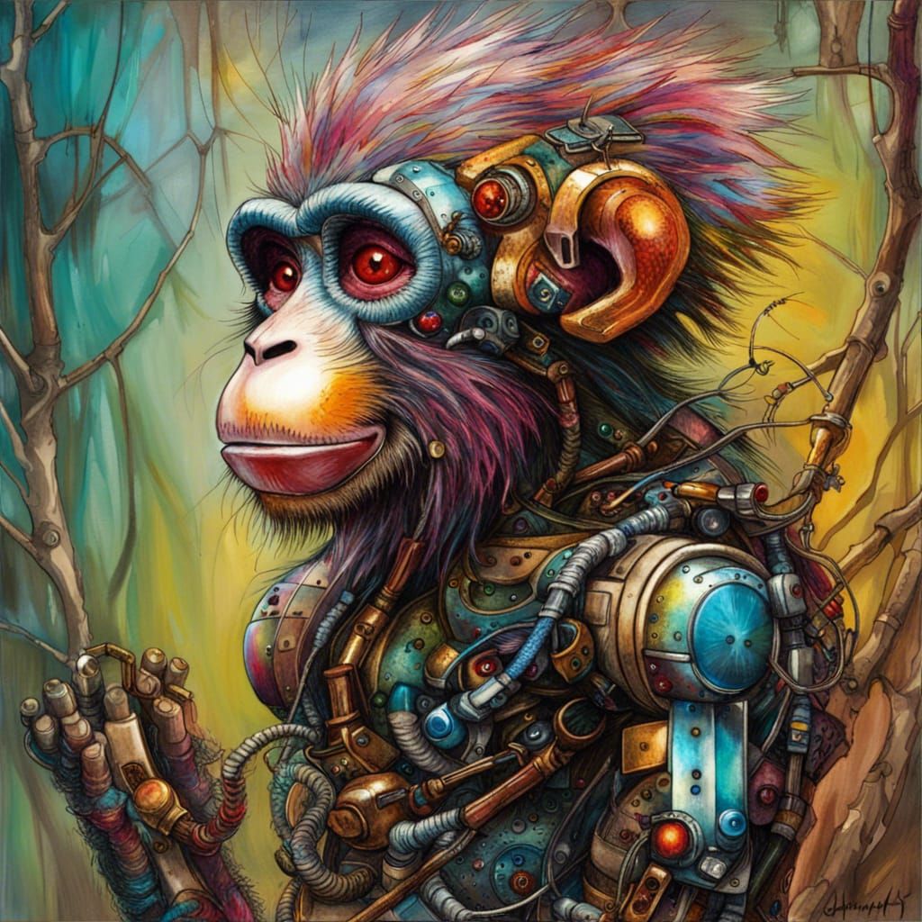 "an anatomically correct and colorful robot Monkey in a tree :: half ...