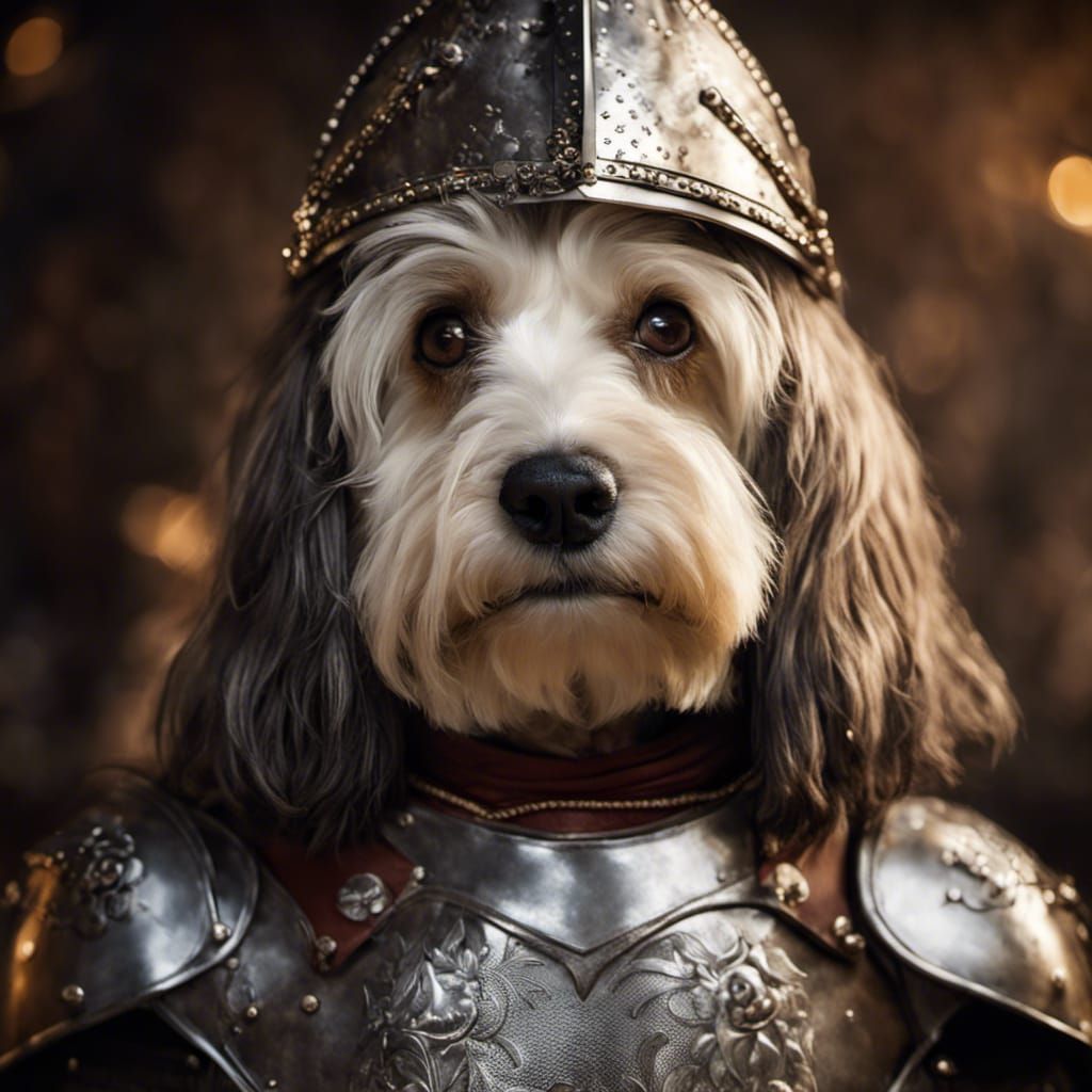 Portrait of a havanese dog knight wearing armour in a smoky saloon - AI ...