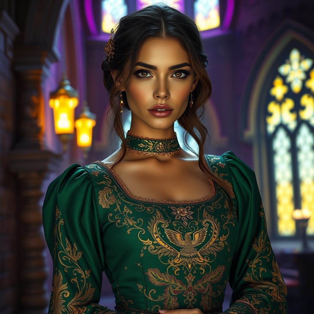 Brunette woman in medival emerald dress, monochrome photography castle quantum looking to camera