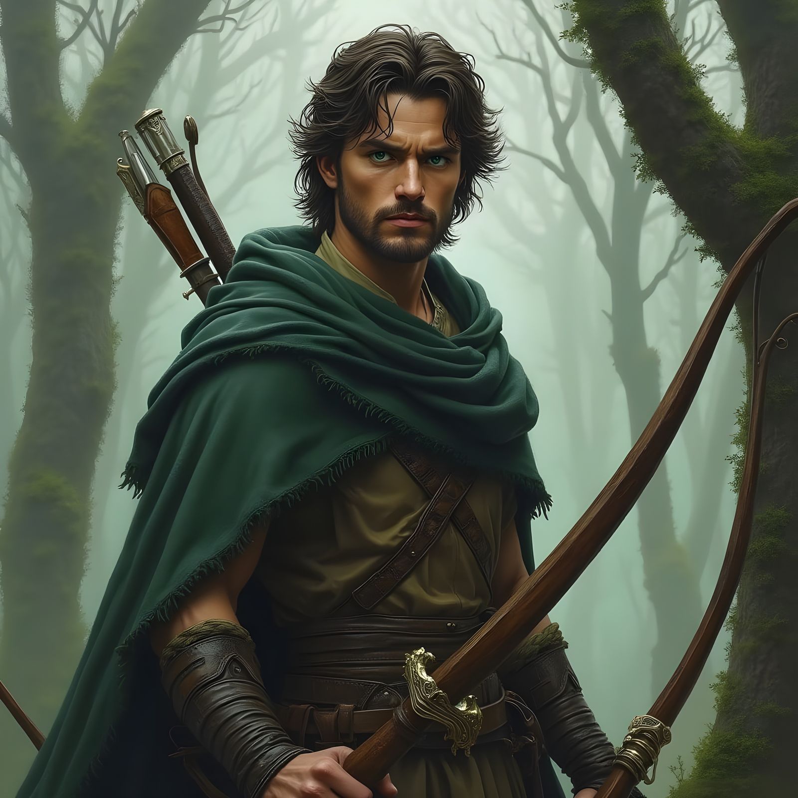Tall Ranger of the North in Forest-Colored Longbow... - AI Art