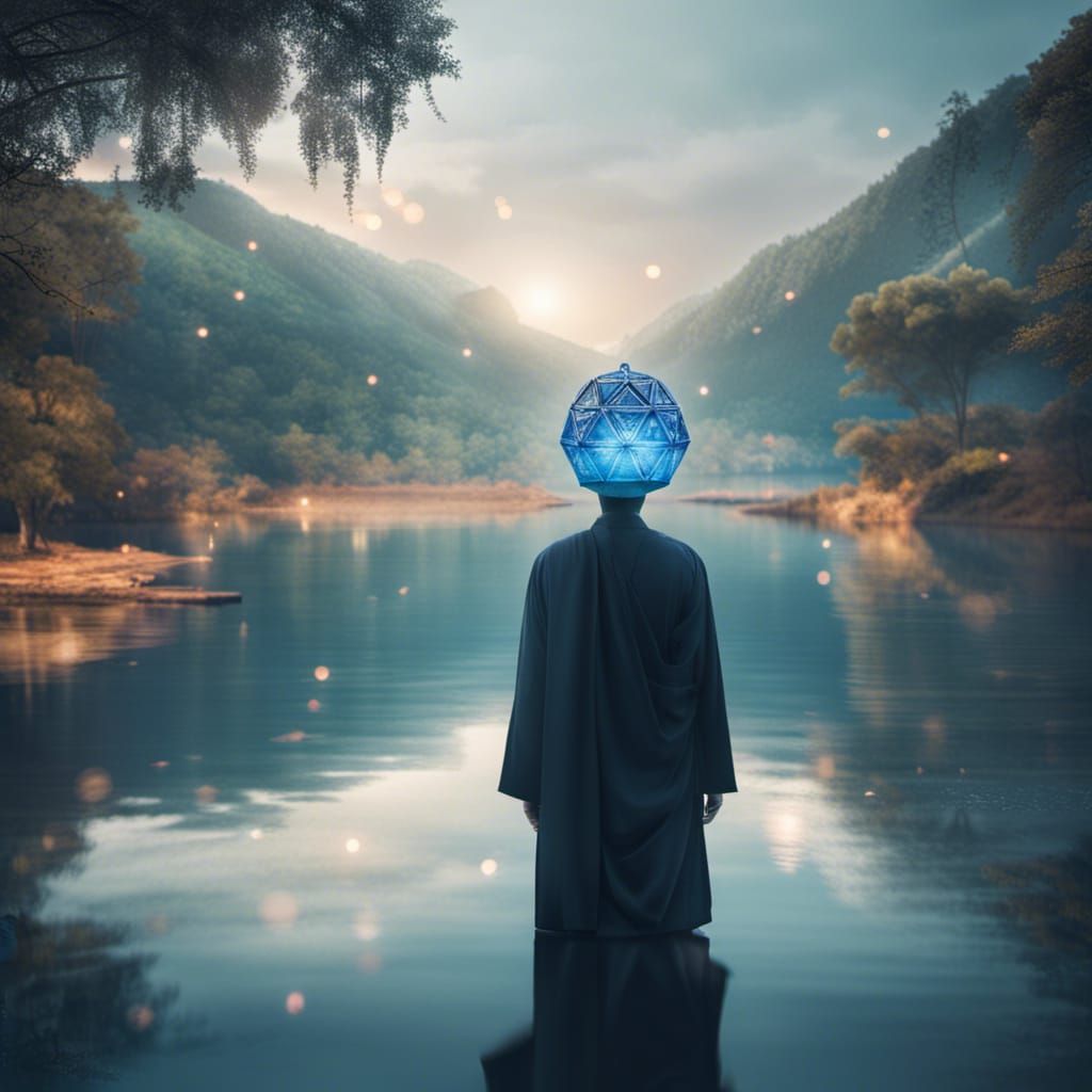 surreal blueish buddhist monk reaching enlightenment, dodecahedron on ...