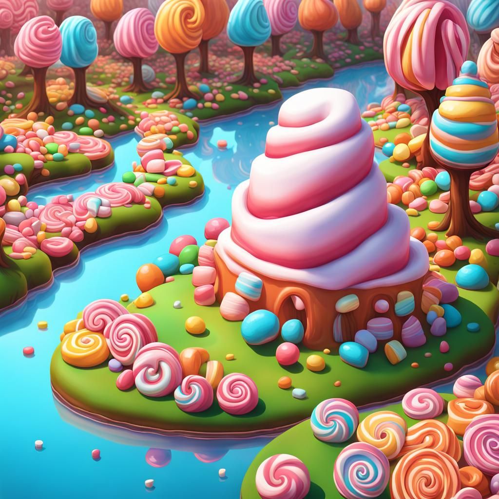 Candy Utopia with Marshmallow Flowers, Digital Ill... - AI Art