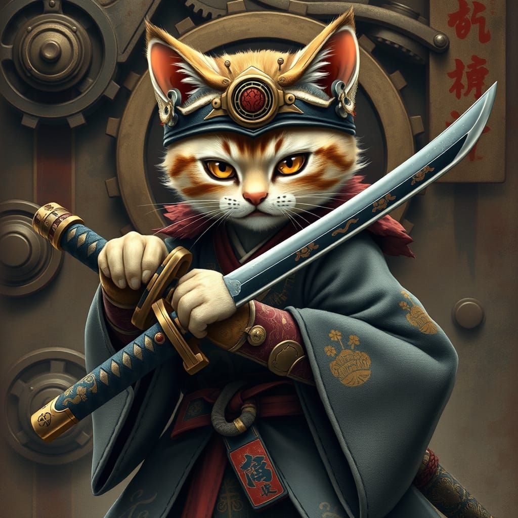 Fierce Kitten Samurai in Meiji Attire with Intrica... - AI Art