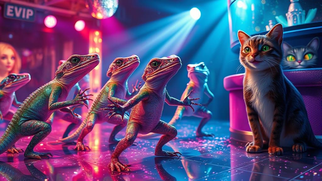 Lizards Dance Under Disco Lights, a Curious Cat Wa... - AI Art