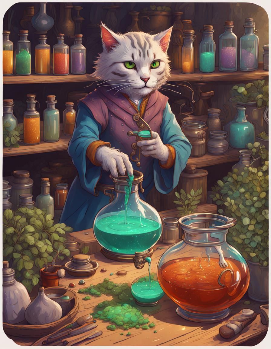 A feline herbalist mixing potions. Colorful Line art. - AI Generated ...