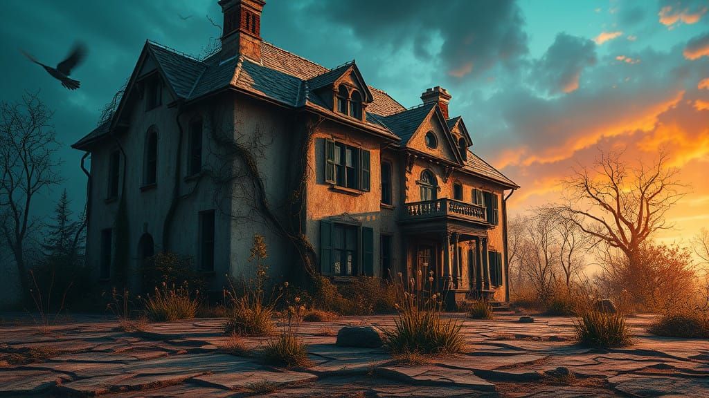 Ancient Mansion Shrouded in Foreboding, with Vibra... - AI Art