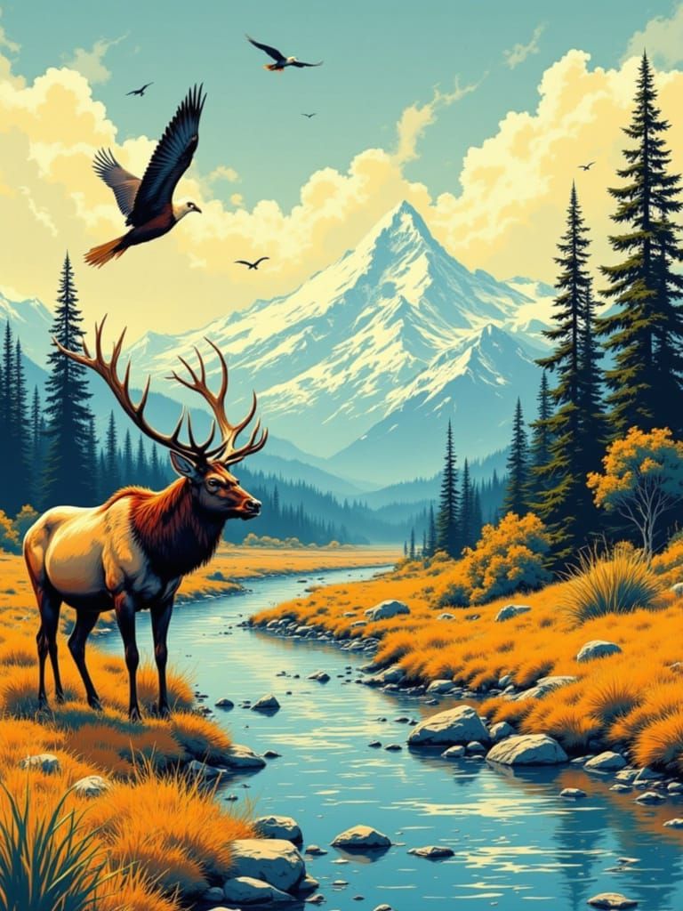 Vintage-Style National Park Landscape with Majesti... - AI Art