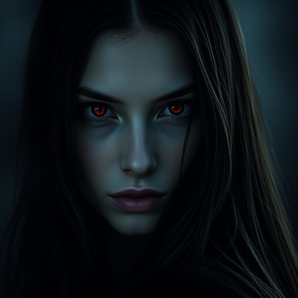 Dark Goddess with Unsettling Red Eyes in Hyperreal... - AI Art