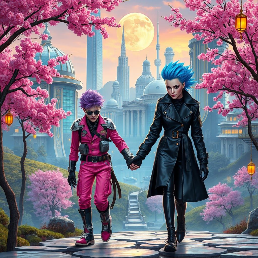 Cyberpunk Couple Strolls Through Eco-Utopian Metro... - AI Art
